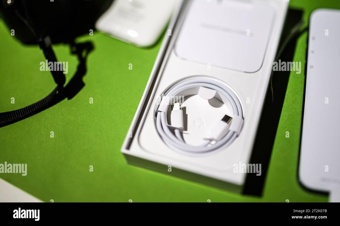 London, UK - Sep 28, 2023: The unboxing of the long-awaited iPhone 15 ...