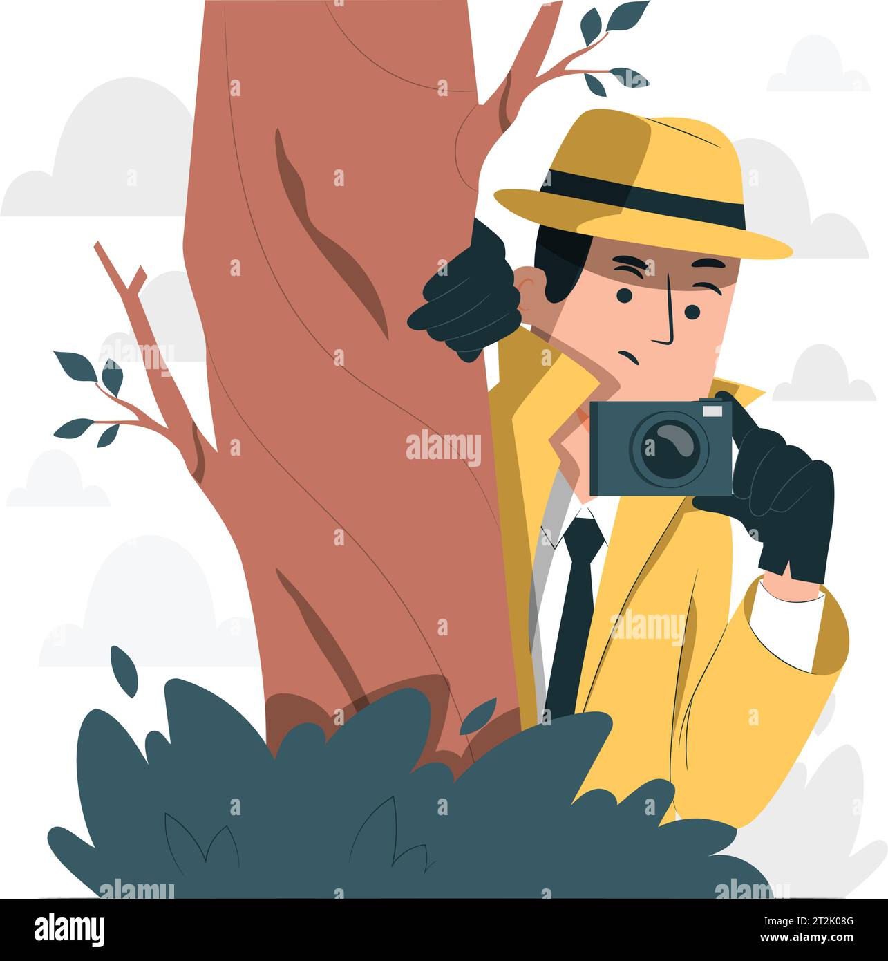 Detective hiding behind tree with camera concept, Cartoon flat design ...
