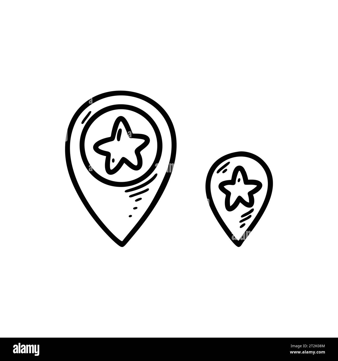 Doodle star map pin. Recommended favourite place of interest location. Hand drawn sketch gps ...