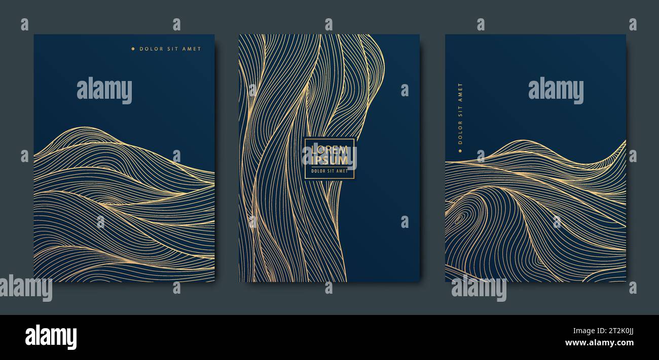 Vector line golden wavy pattern, art deco fancy covers. Luxury design ...