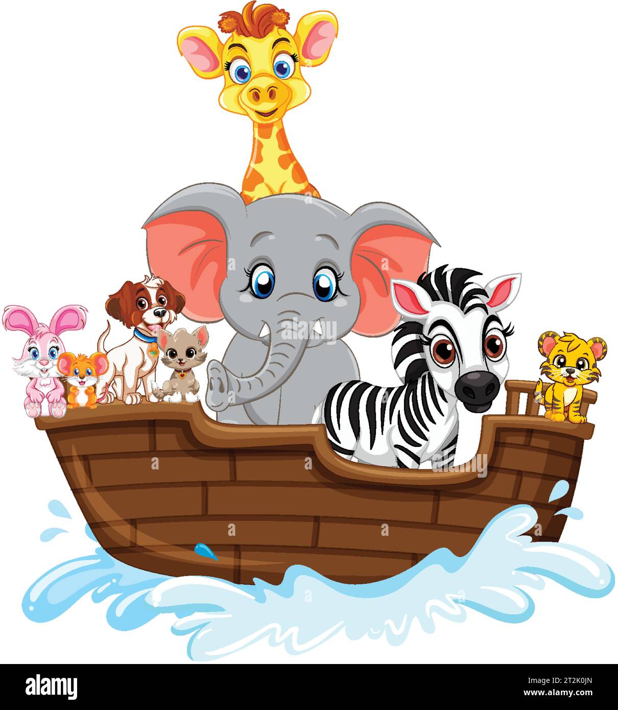 Many wild animals sitting in wooden boat over water Stock Vector Image ...