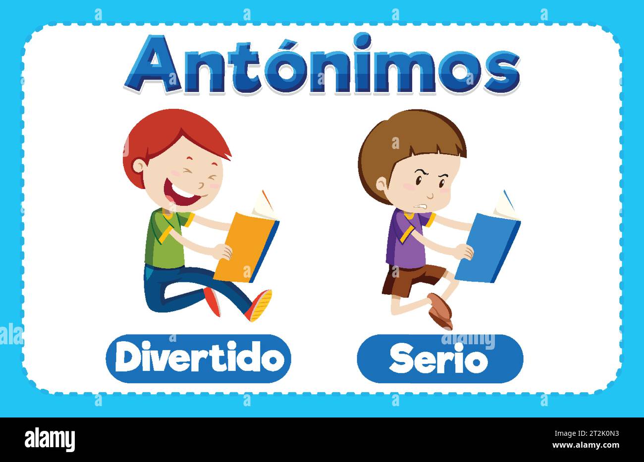 A vector cartoon illustration of antonyms in Spanish language means ...
