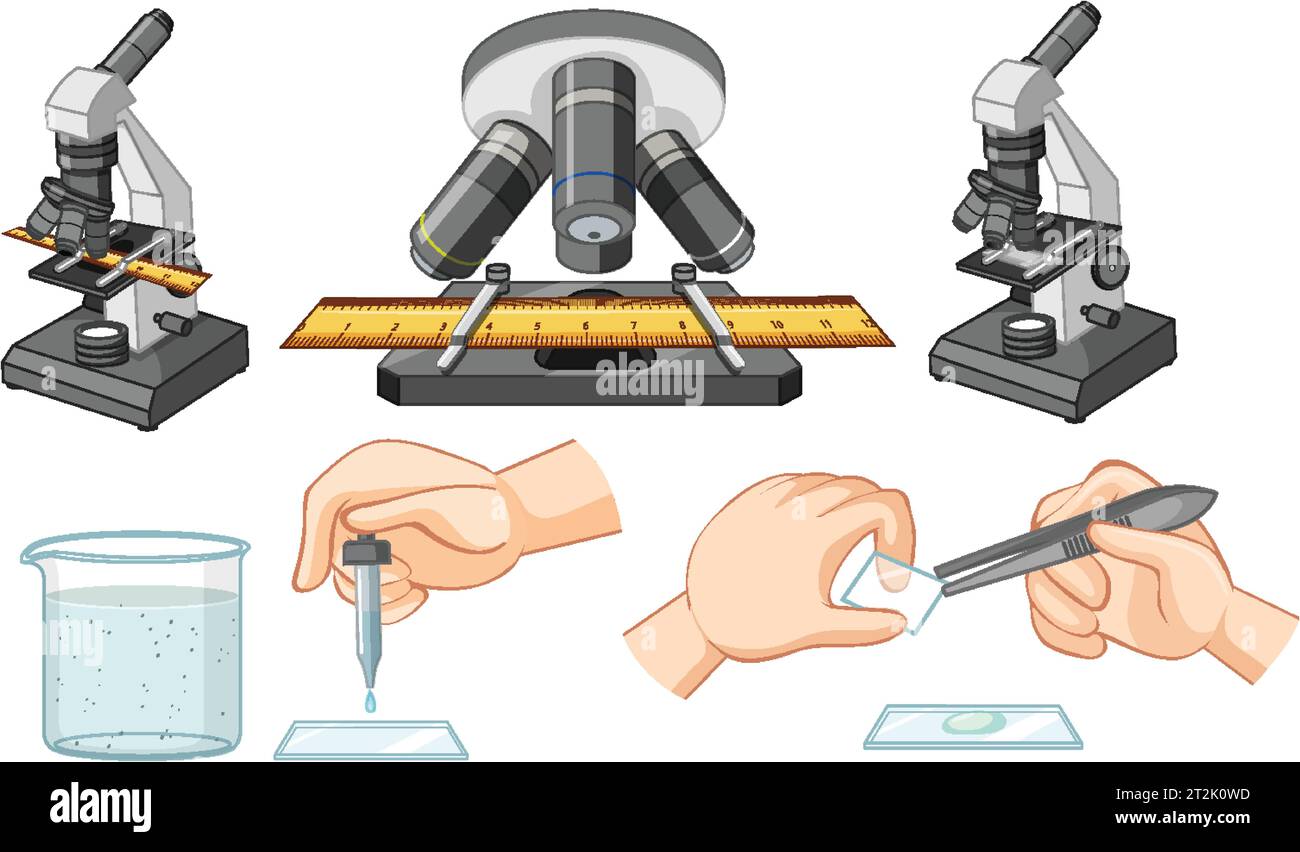Vector cartoon illustration of a science experiment with microscope and ...