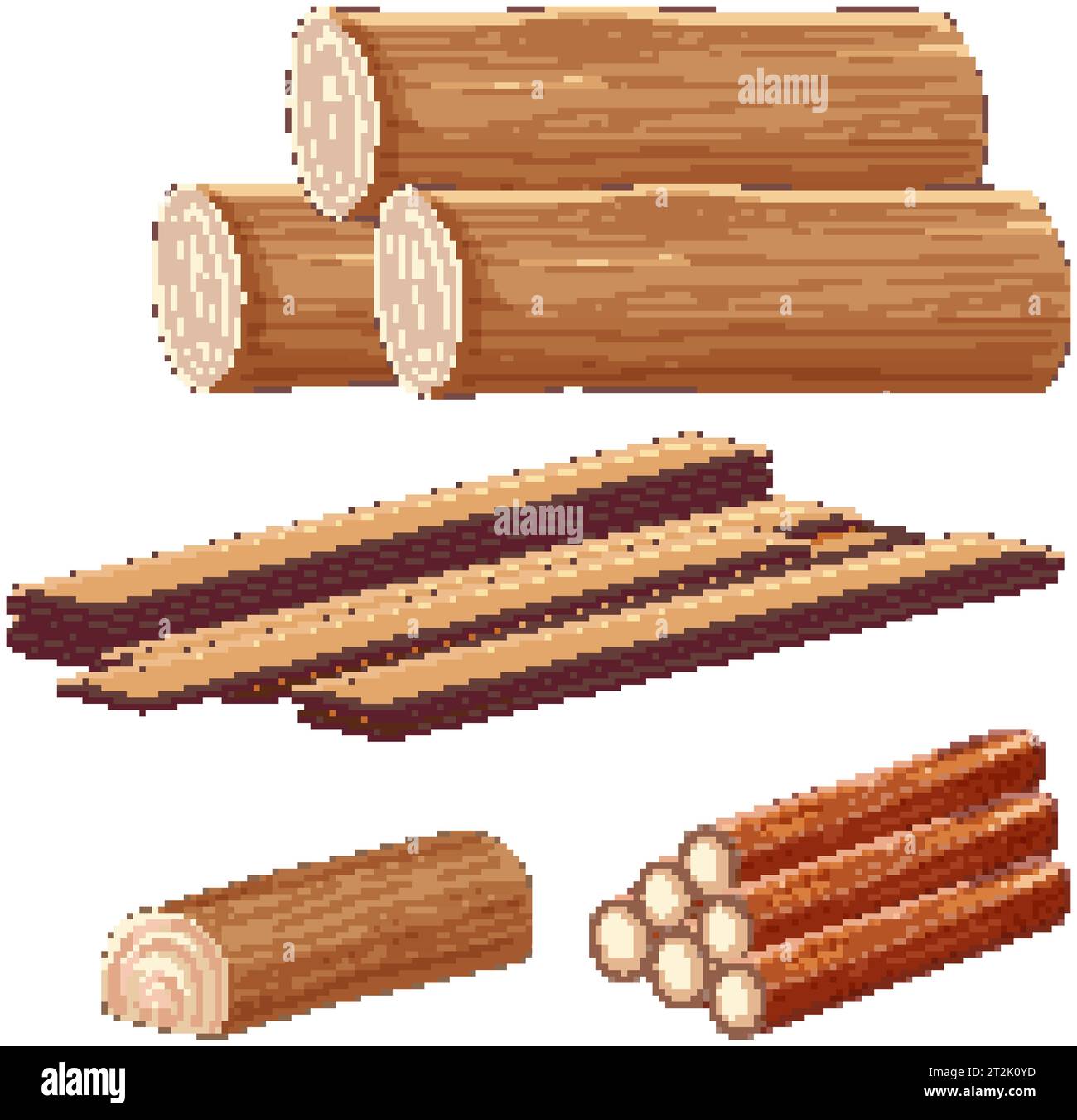 A set of wood and log building materials in a vector cartoon style ...