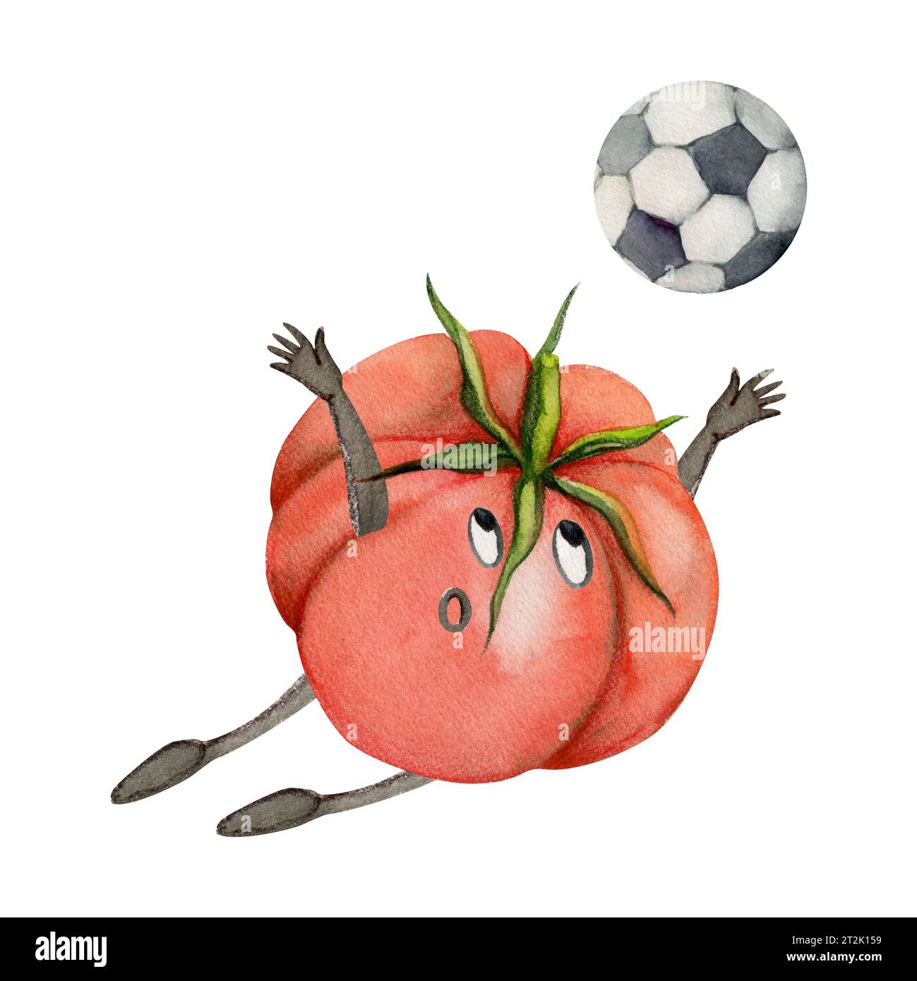 Hand drawn watercolor tomato character playing soccer football ...