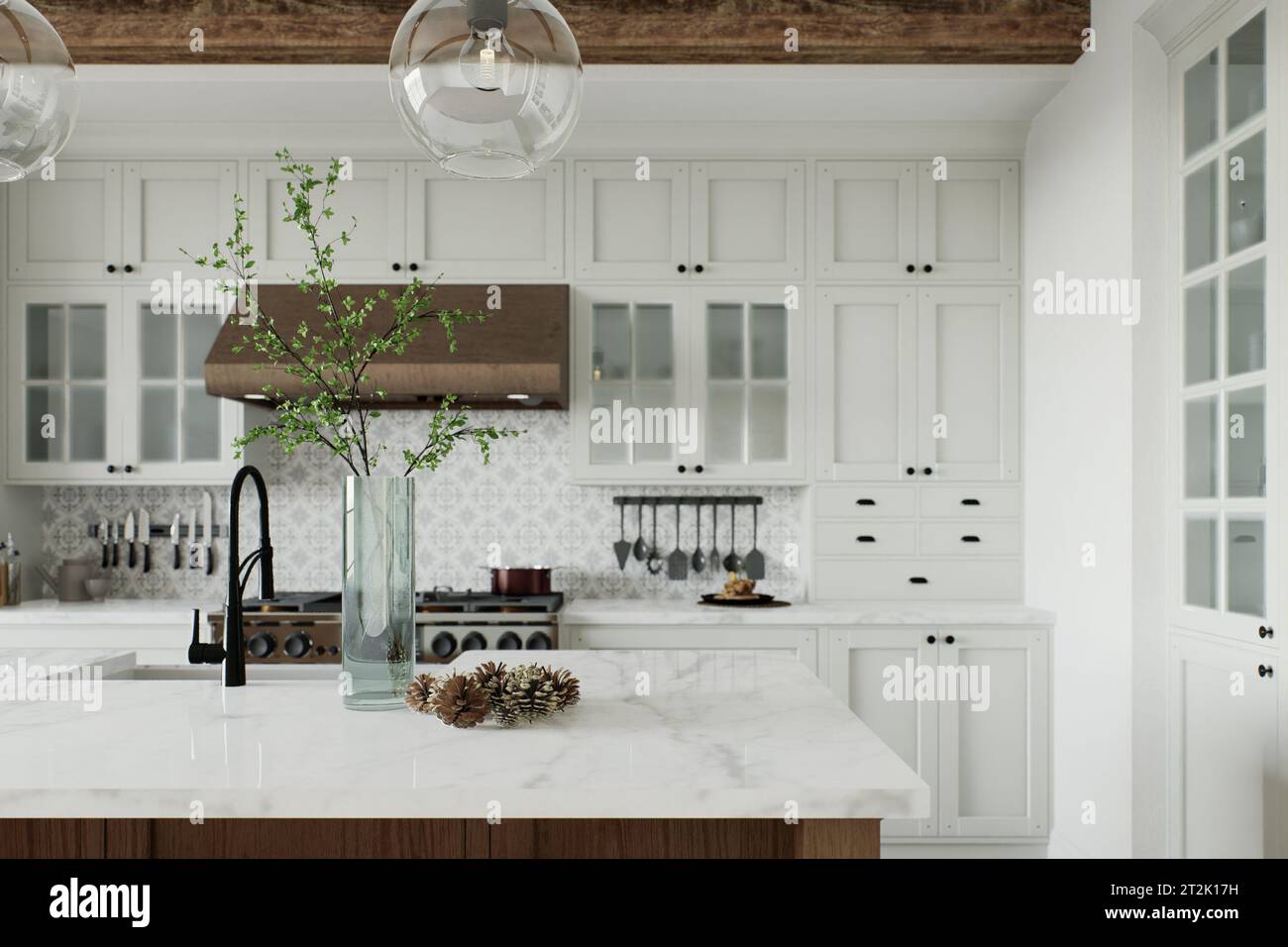 Traditional large L-shaped kitchen with large island and kitchen ...