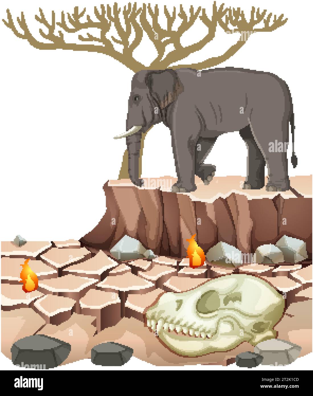 Illustration of a barren land with an elephant and a skull Stock Vector ...