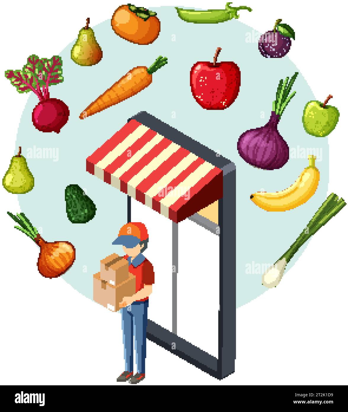 A cartoon-style delivery man picking up a box from a produce store ...