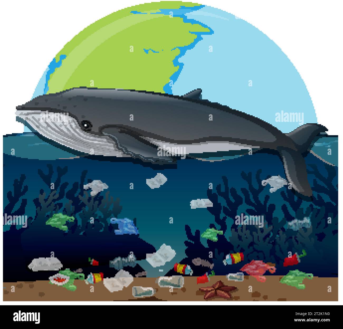 An underwater scene depicting pollution with a distressed whale Stock ...