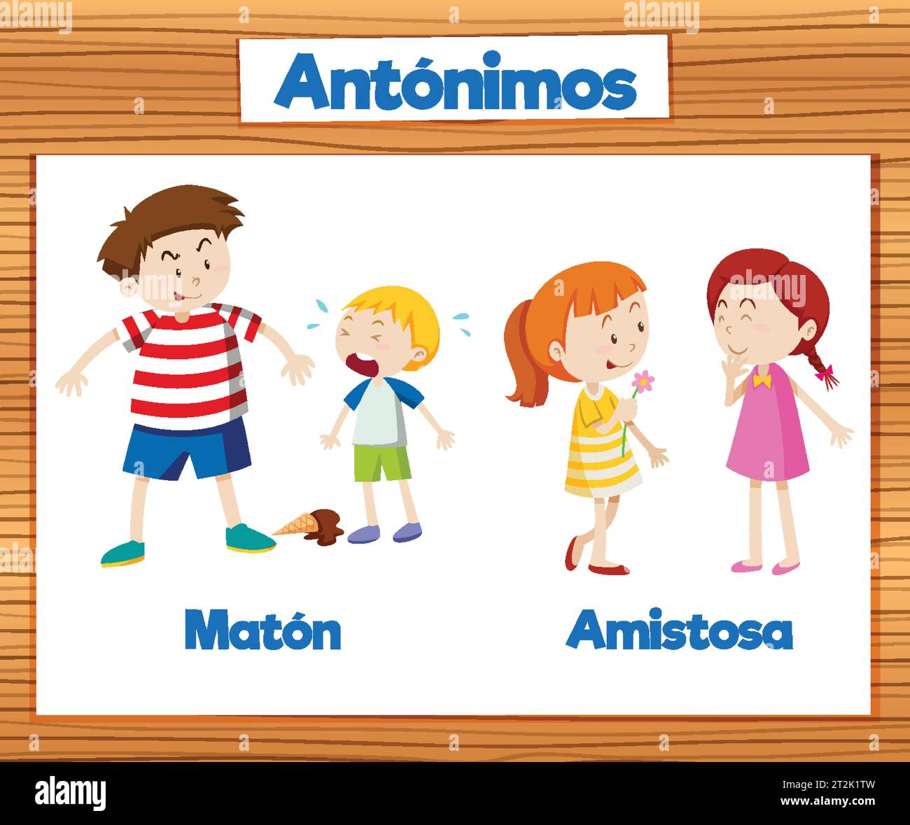 Illustrated word card featuring antonyms Maton and Amistosa in Spanish ...