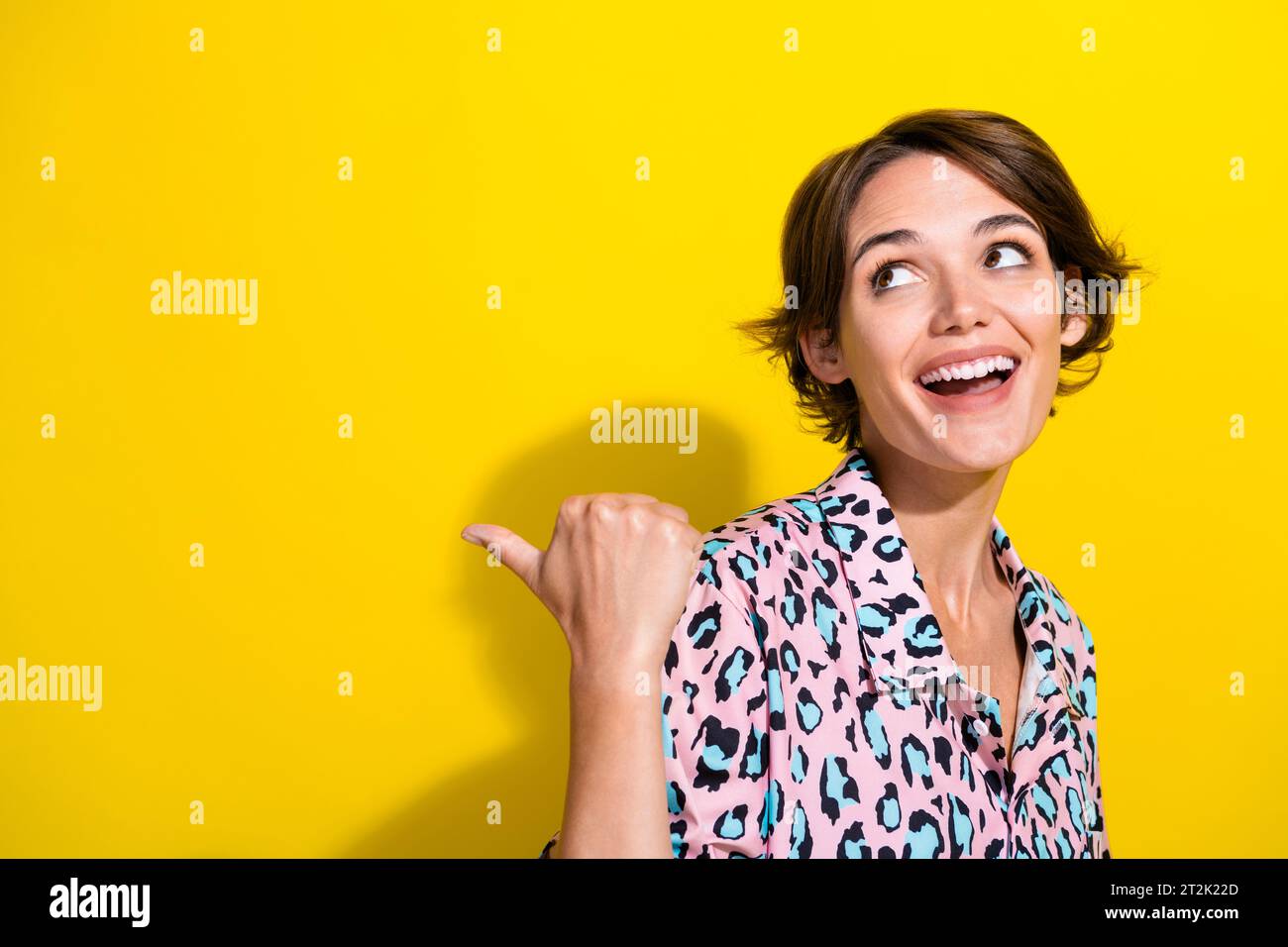 Photo of positive excited lady point empty space incredible sale ads ...