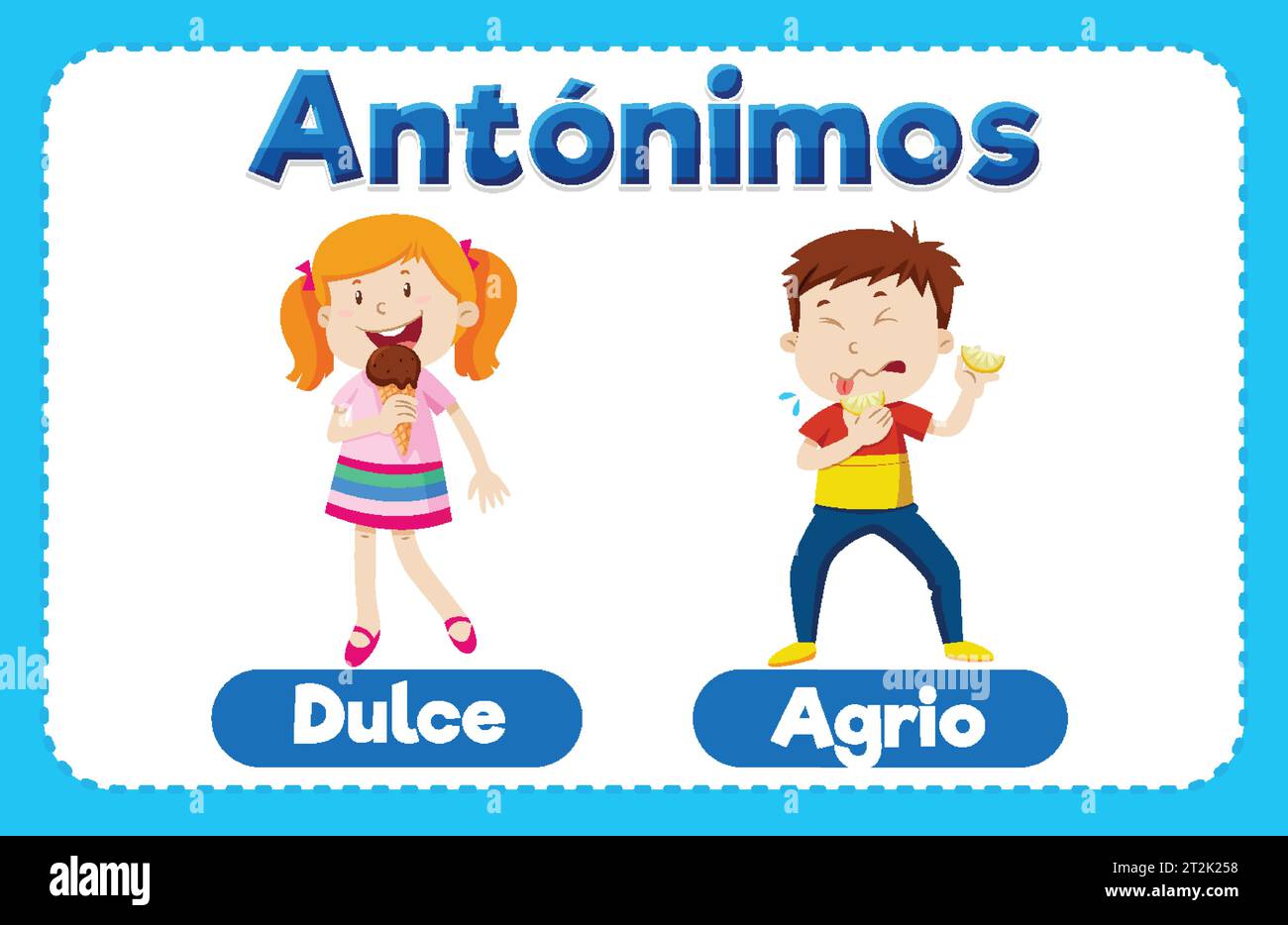 Colorful vector illustration of Spanish antonym word card means sweet ...