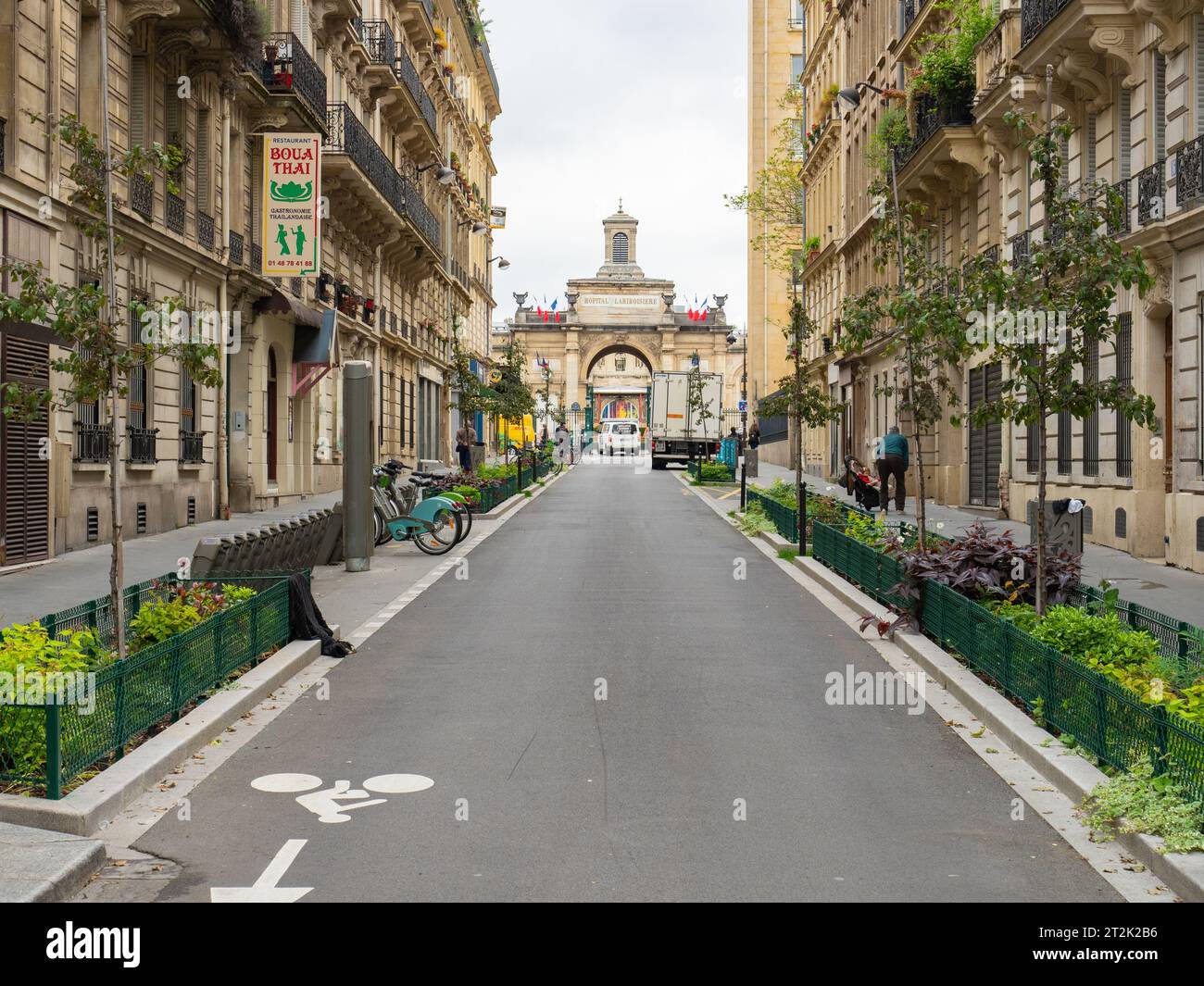 Paris, France - May 11th 2023: Recently redesigned street with green ...