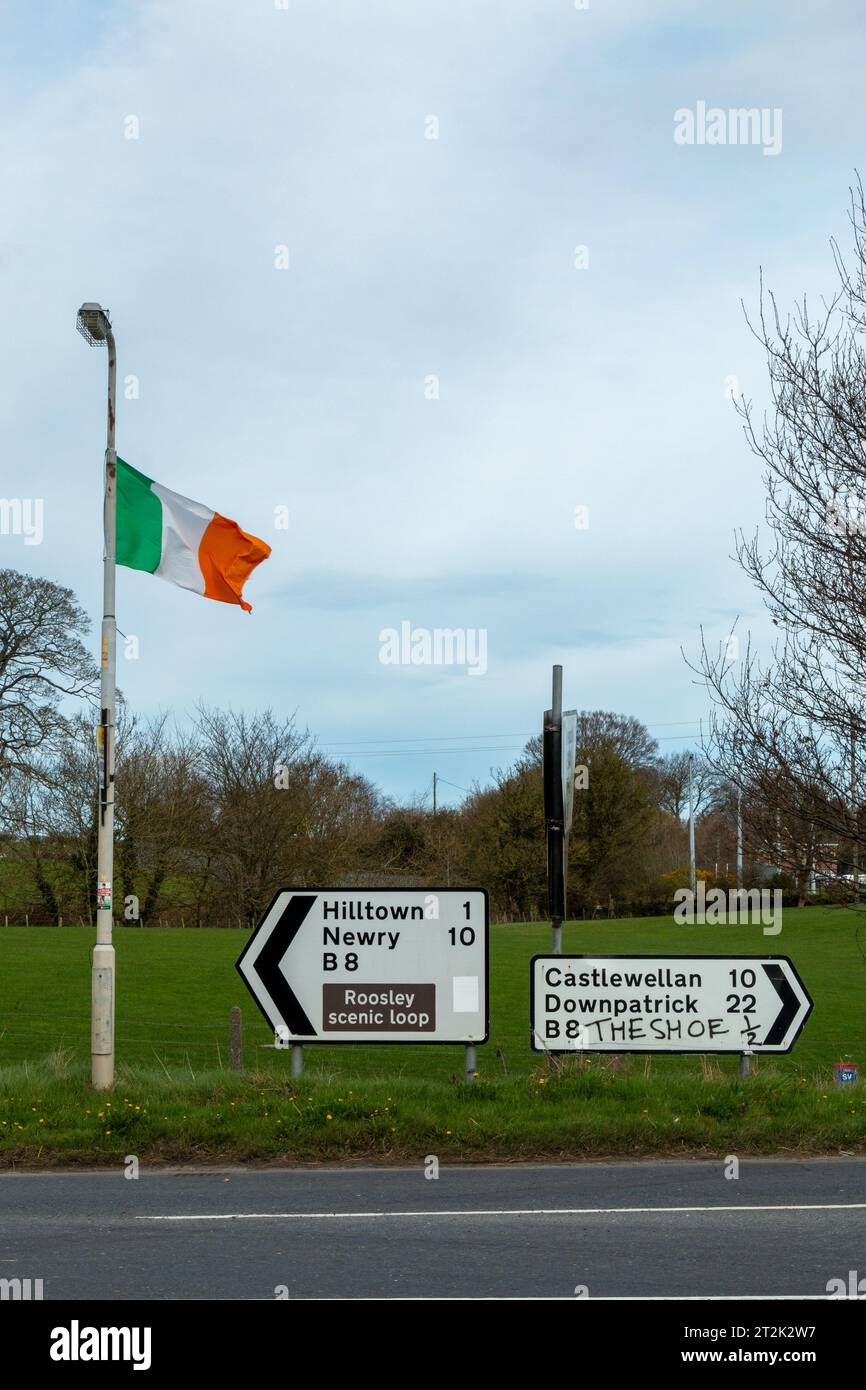 The flag of the Republic of Ireland flies over road signs, with quirky ...