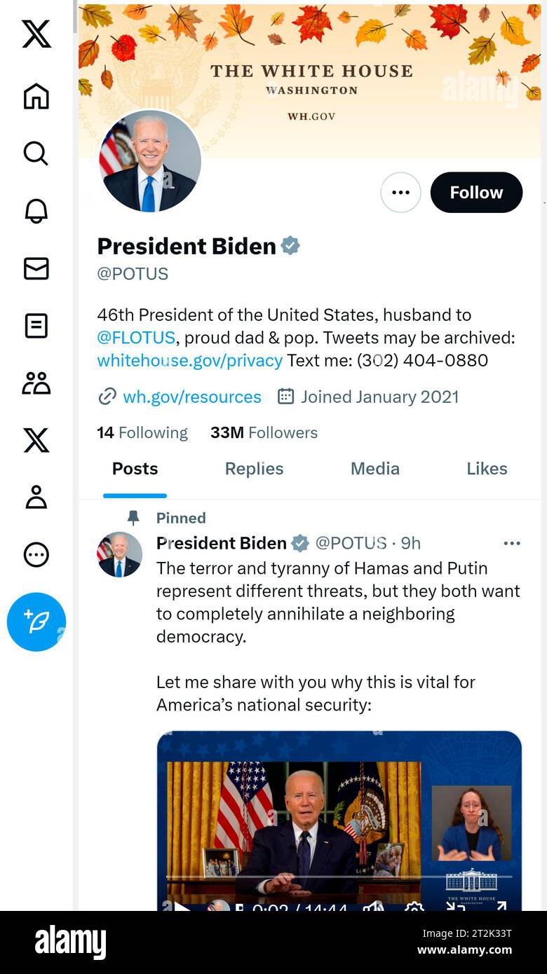 'X' - formerly Twitter - page (Oct 2023) of President Joe Biden, POTUS ...