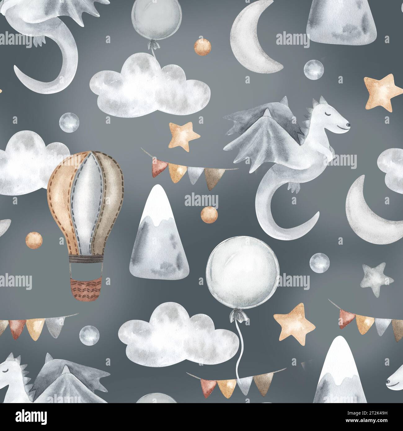 Watercolor seamless color repeating pattern with dragon. Childish with ...