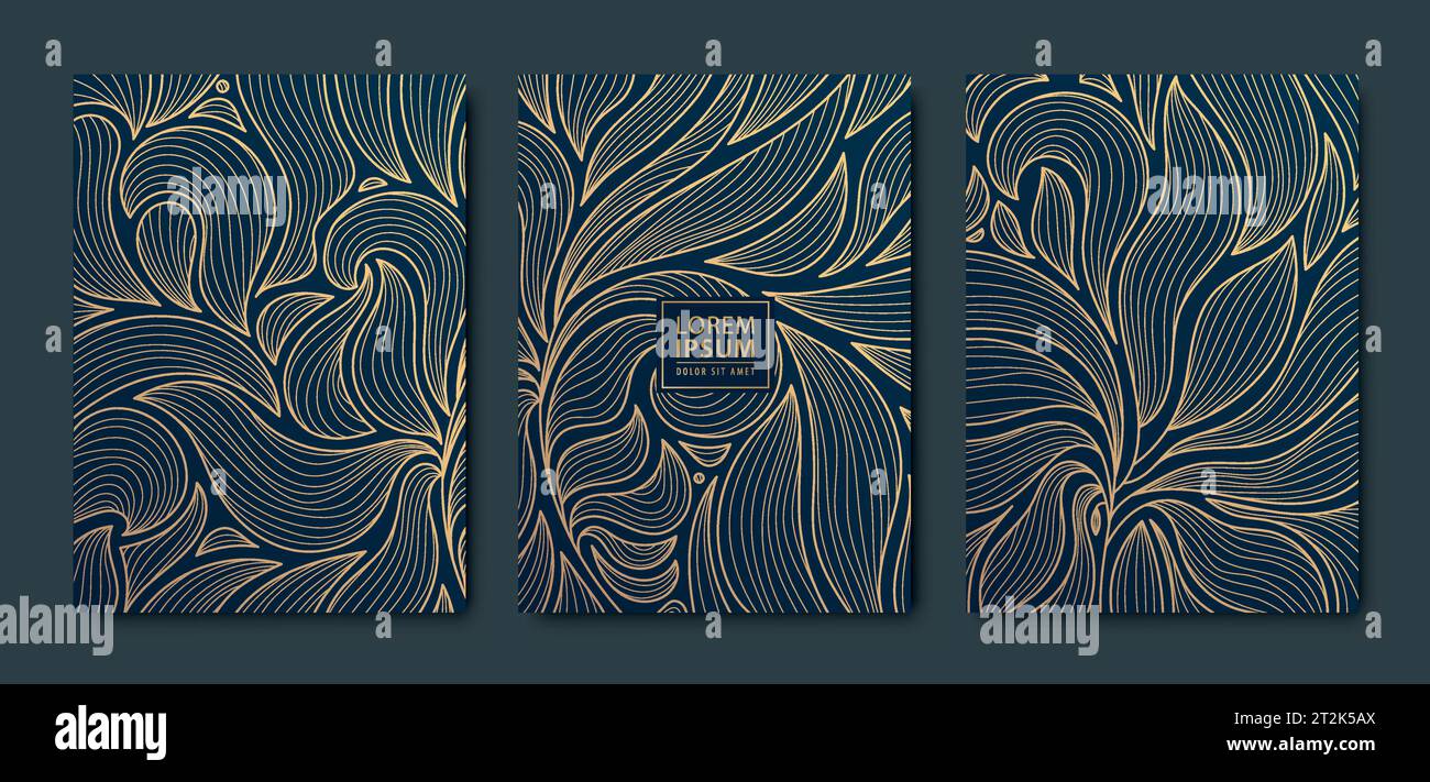 Vector golden leaves art deco patterns. Line leaf texture covers ...