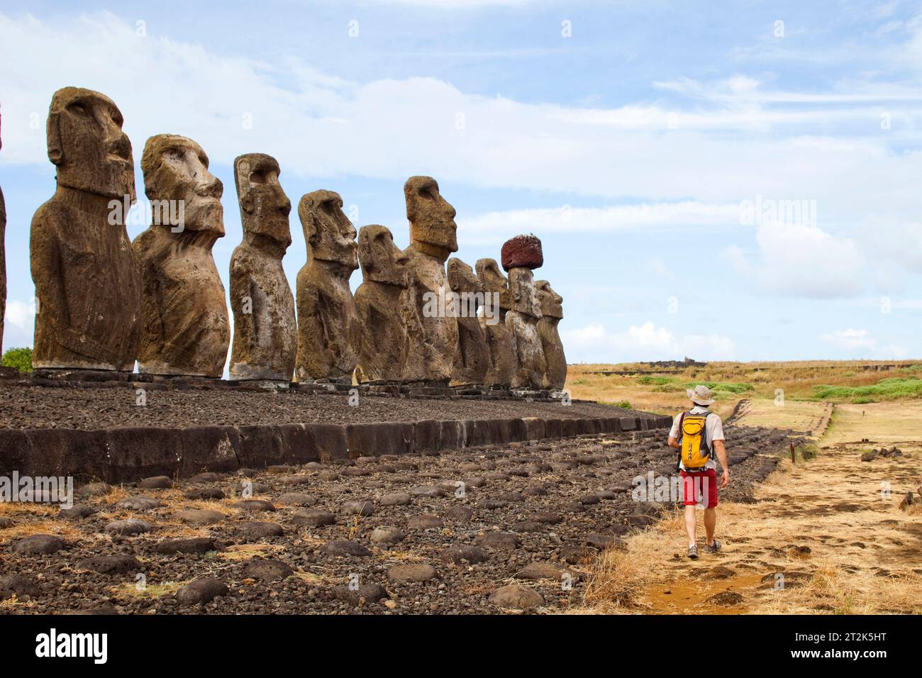 A man walks in front of the famous relics of a historic culture. Moi ...