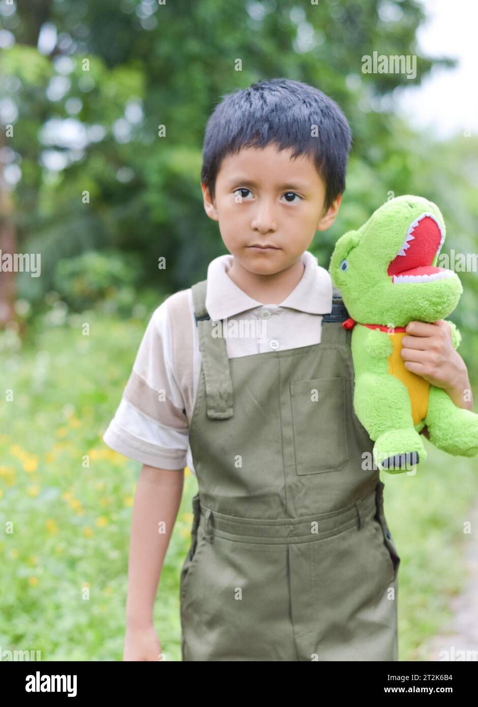 Happy Latin boy playing with his stuffed dinosaur in the forest Stock ...