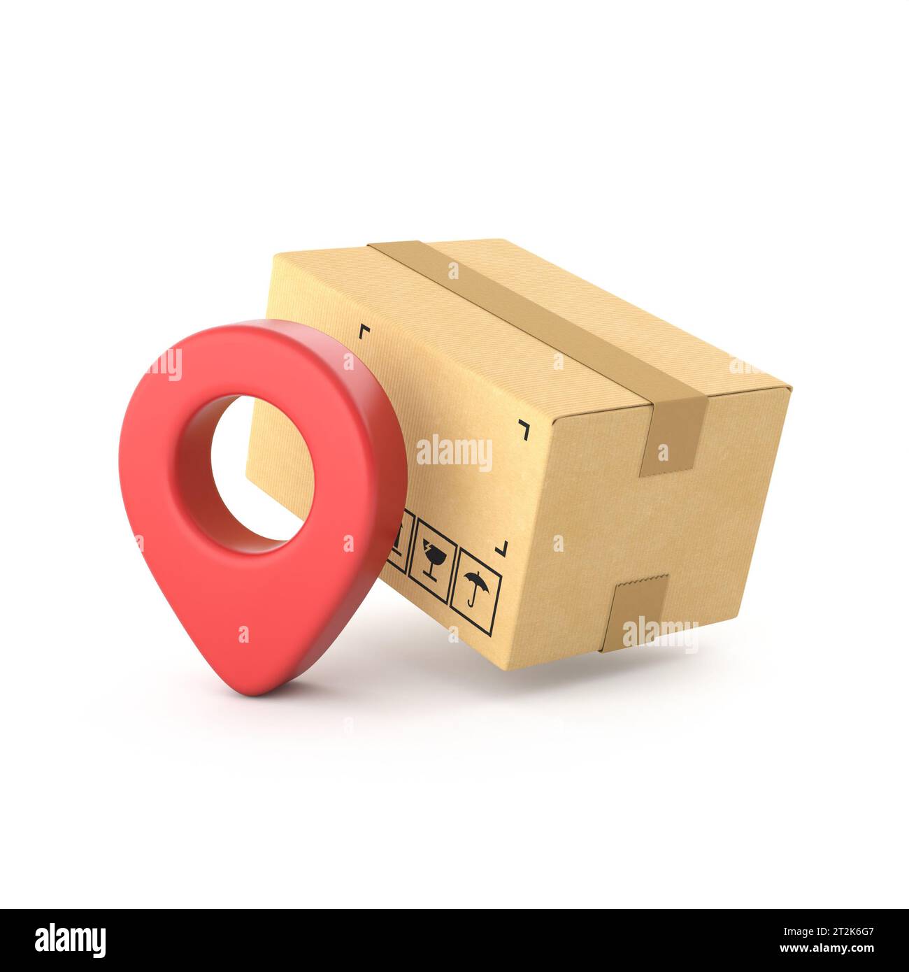 Cardboard box with red map pointer 3D rendering illustration isolated ...