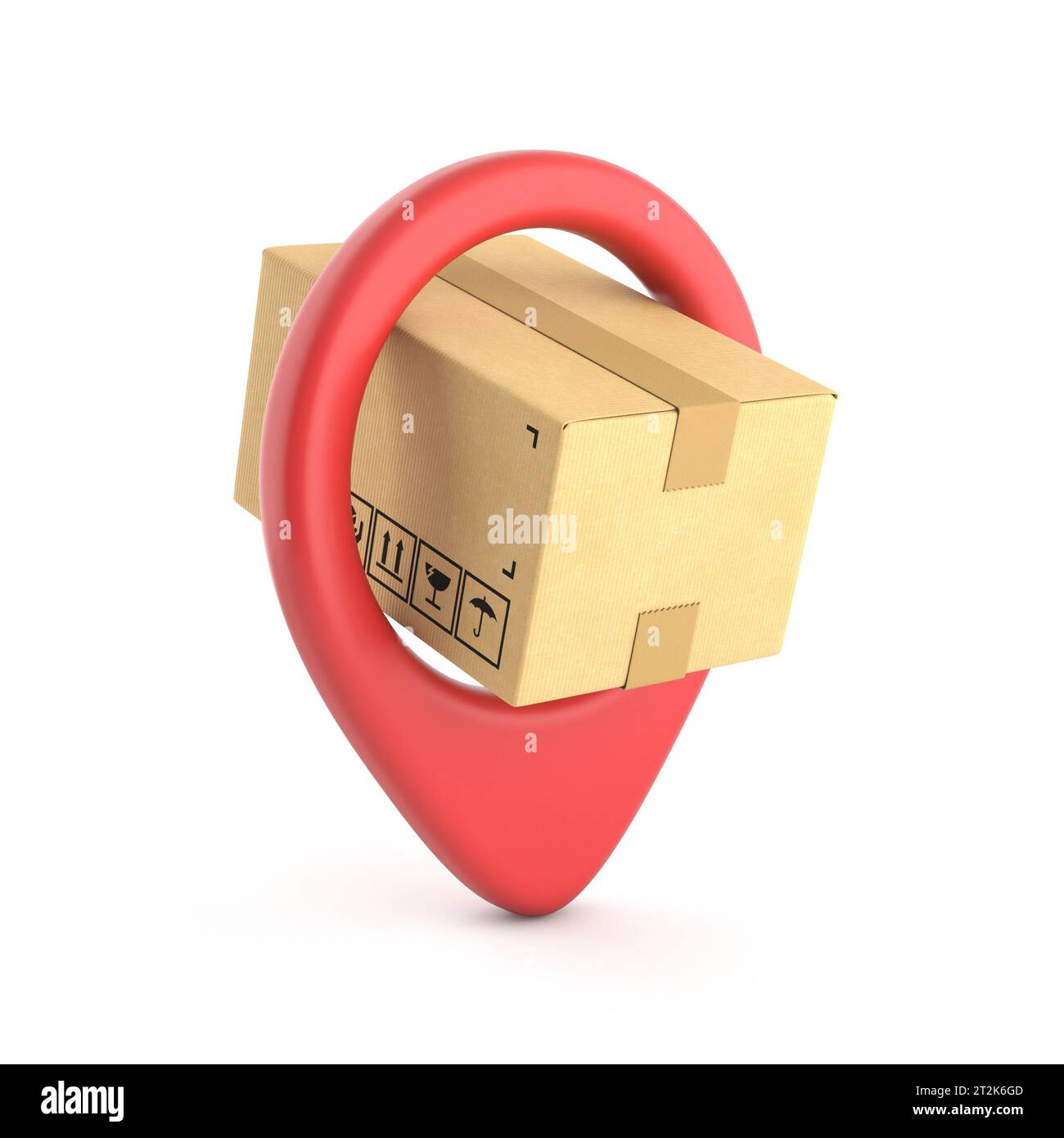 Cardboard box inside red map pointer 3D rendering illustration isolated on white background ...