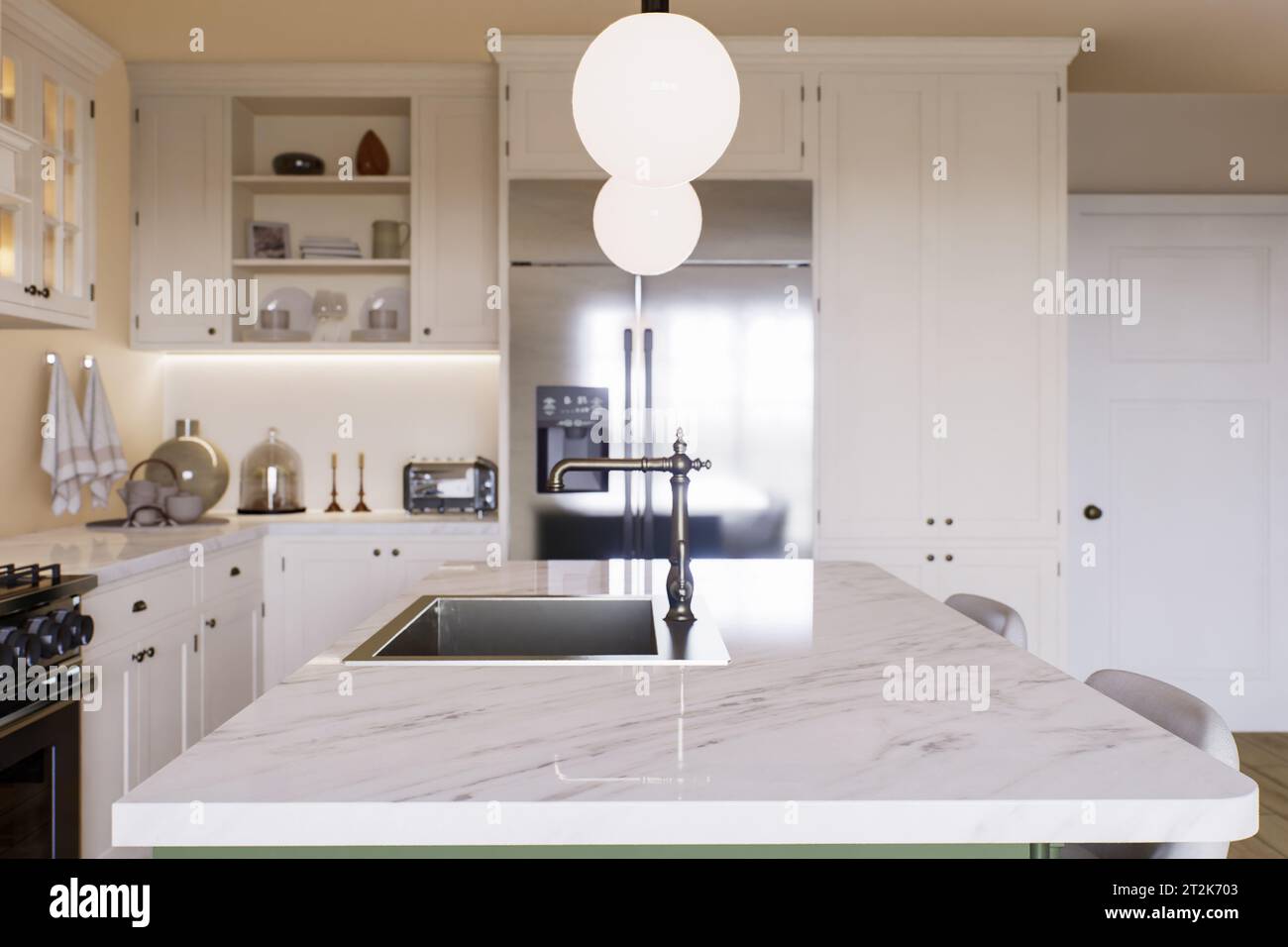 Kitchen with marble countertops and blurred kitchen background to ...