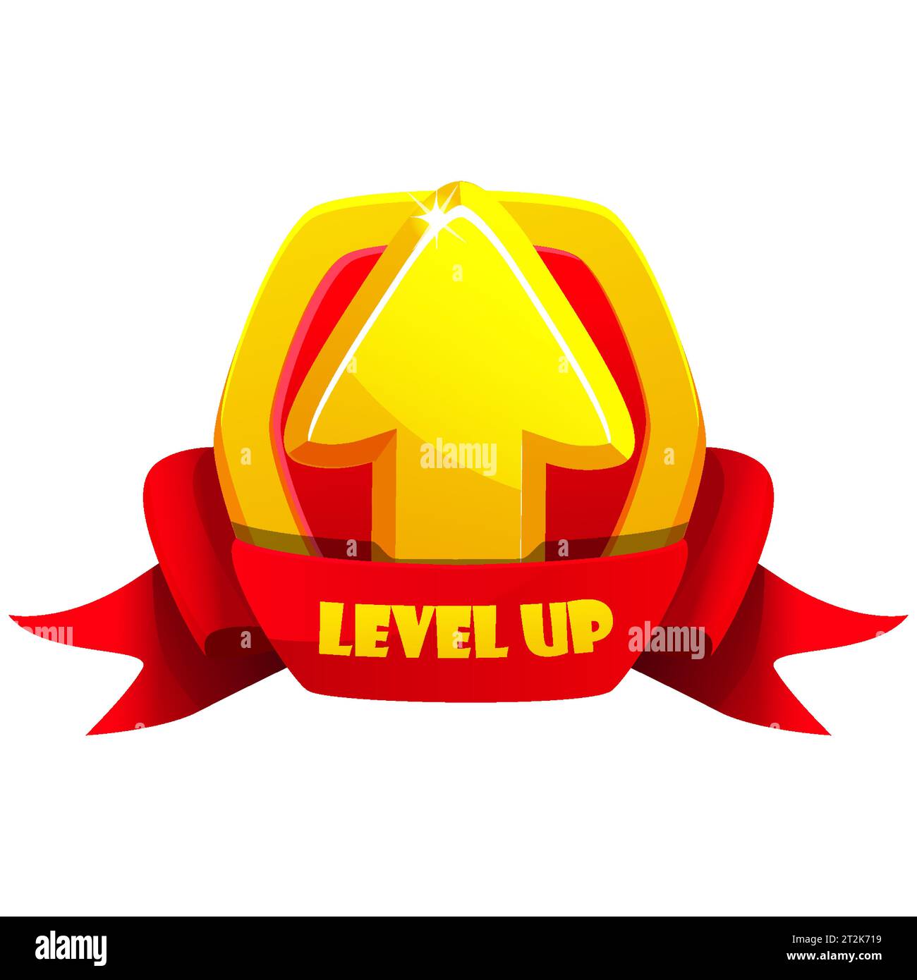 Game level up badge icon. Vector bonus rank reward emblem with golden raising arrow, award ...
