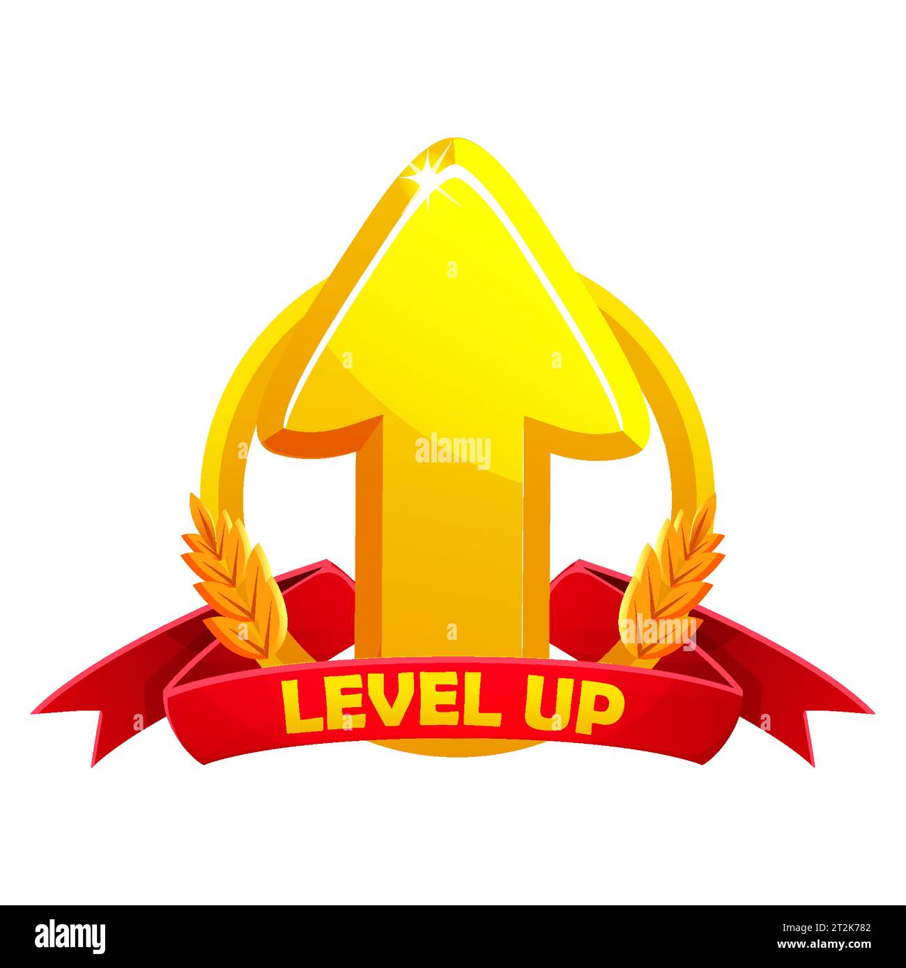 Game level up badge icon. Vector bonus rank reward emblem with golden raising arrow and award ...
