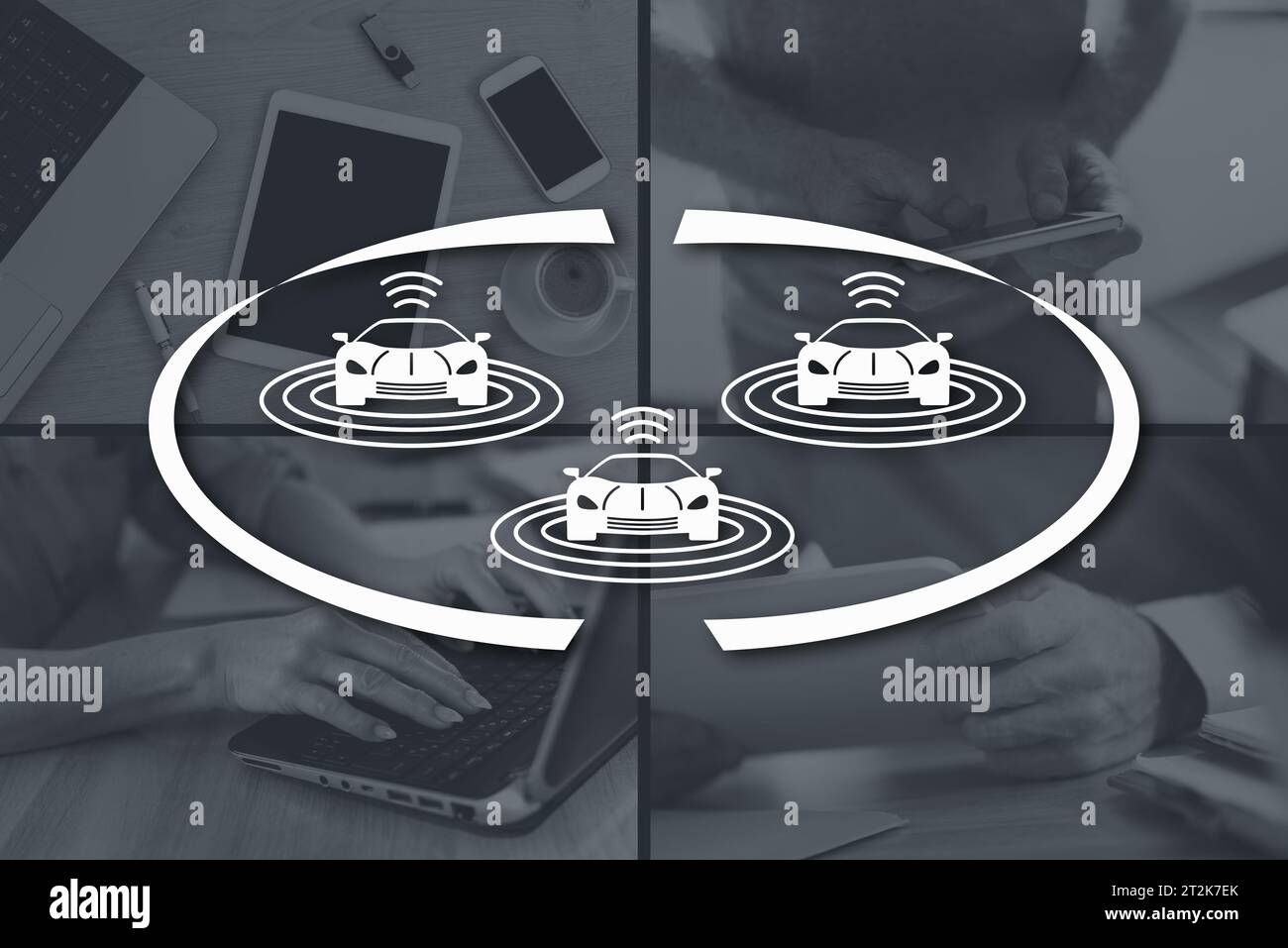 Connected cars concept illustrated by pictures on background Stock ...