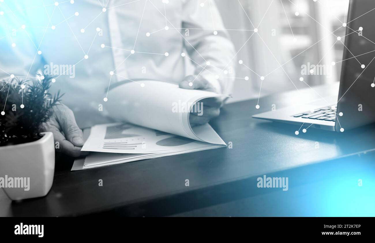 Businessman opening folder with paper documents; light effect Stock ...