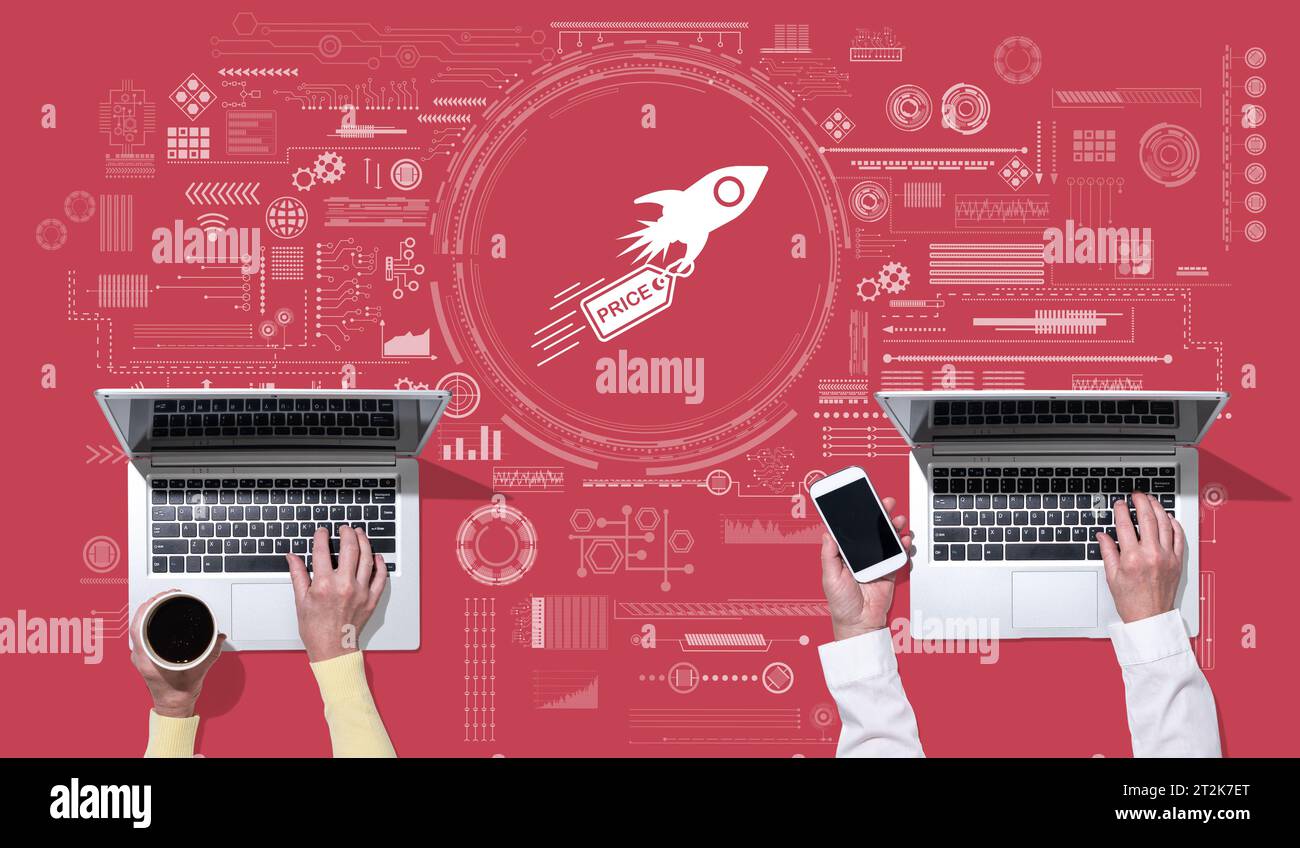 Top view of hands using laptop with symbol of inflation concept Stock ...