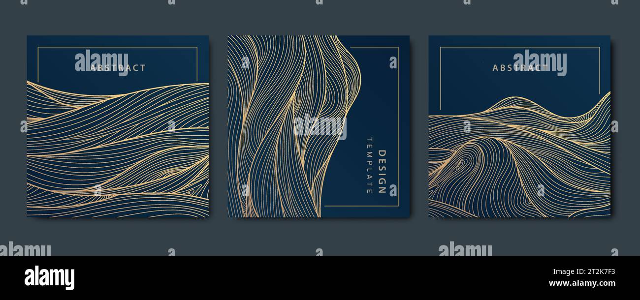 Vector set of luxury fancy golden patterns, linear style wavy cards ...