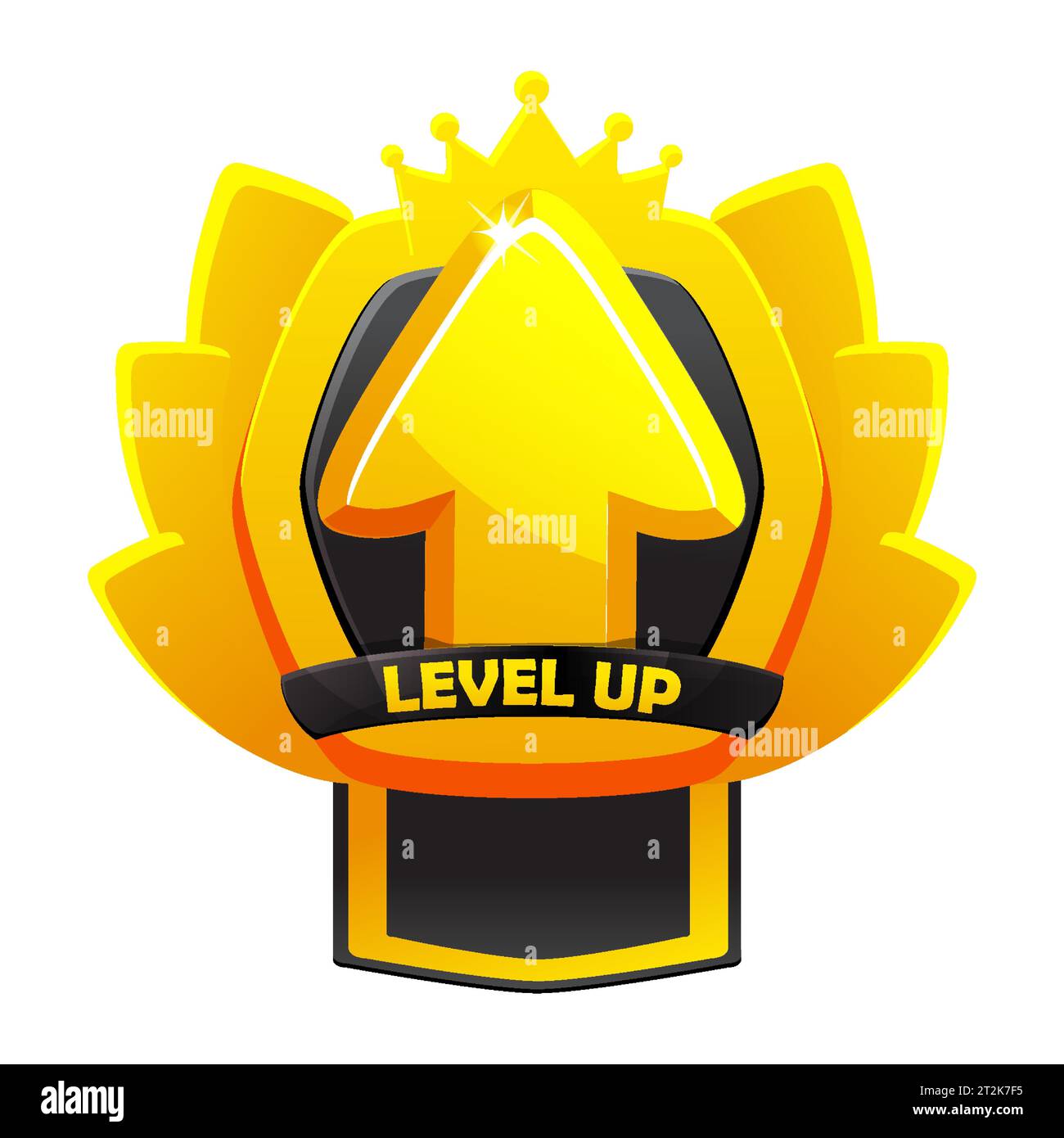 Game level up badge icon with raising arrow, crown, and shield. Winner ...