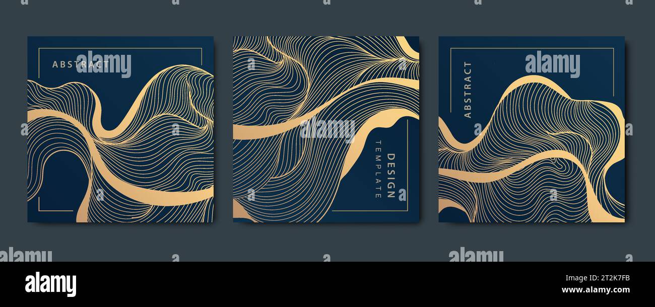 Vector set of luxury fancy golden patterns, linear style wavy cards ...