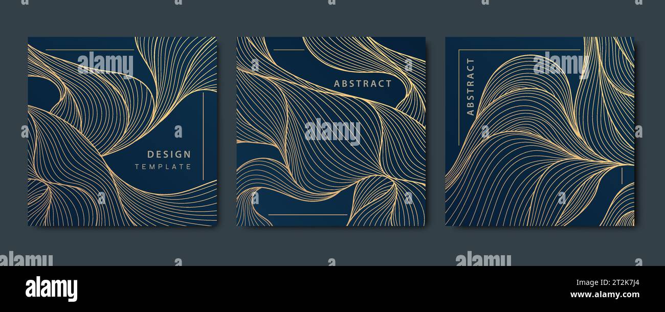 Vector set of luxury fancy golden patterns, linear style wavy cards ...