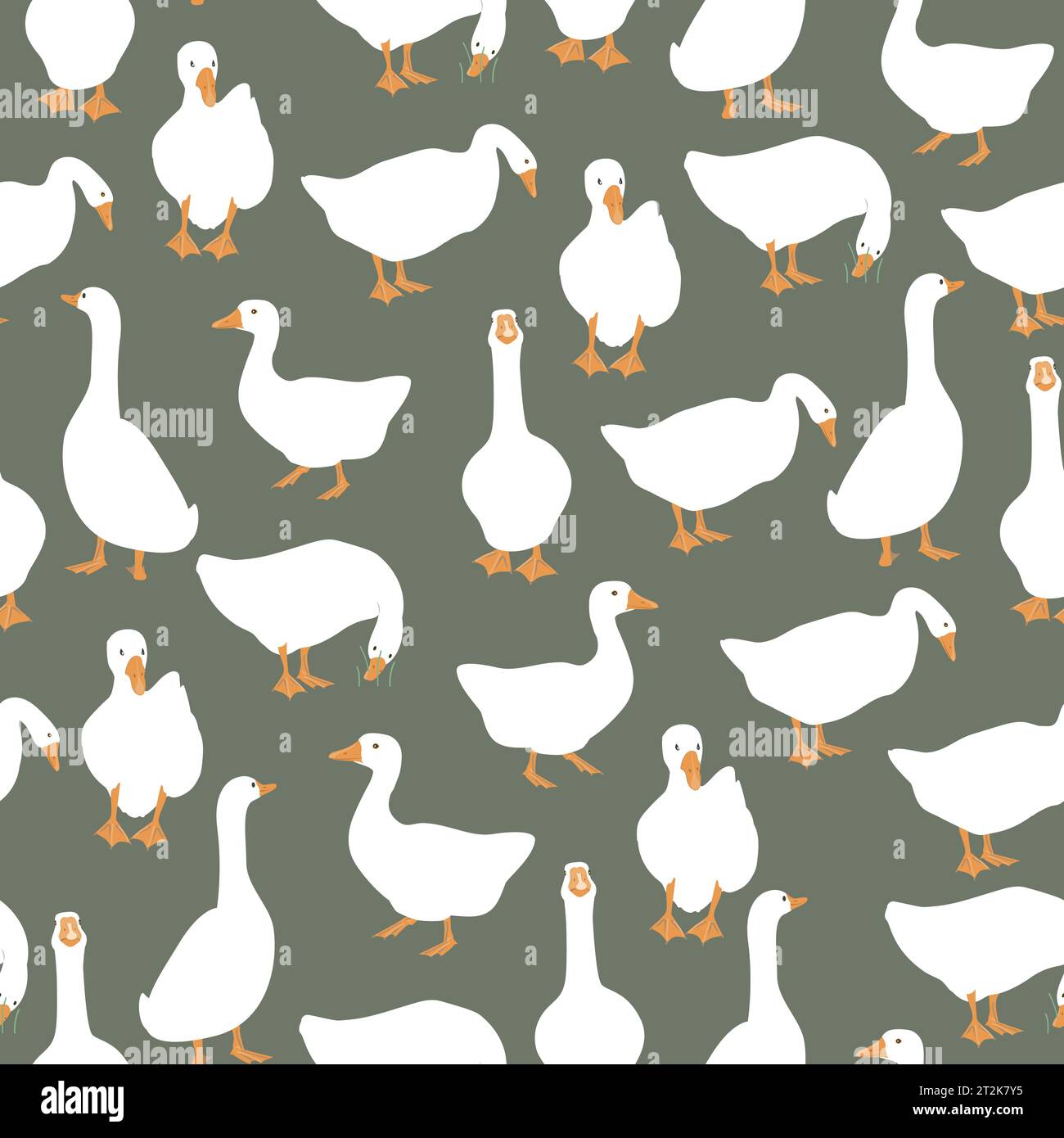 Cute white geese seamless pattern on green background. Vector goose ...
