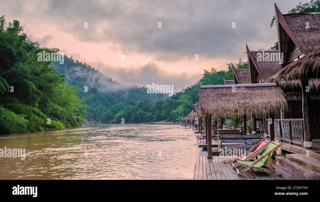 Tropical beach houses on the River Kwai in Thailand.Wooden floating ...