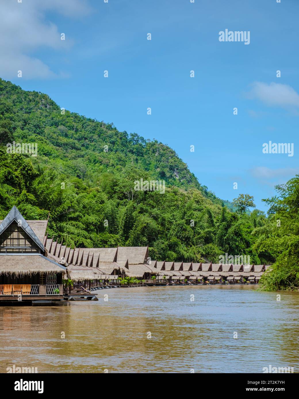 Tropical beach houses on the River Kwai in Thailand.Wooden floating ...