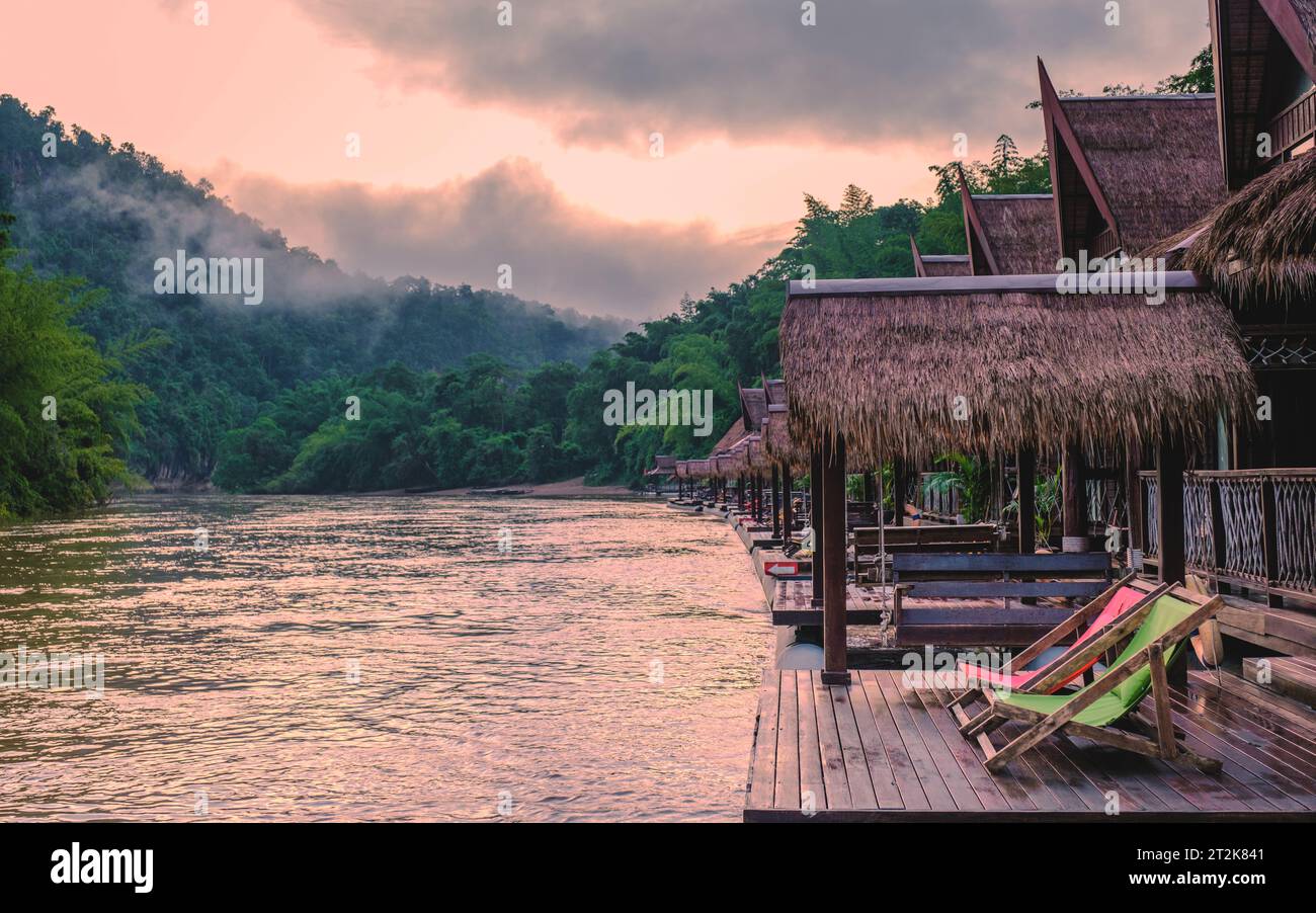 Tropical beach houses on the River Kwai in Thailand.Wooden floating ...