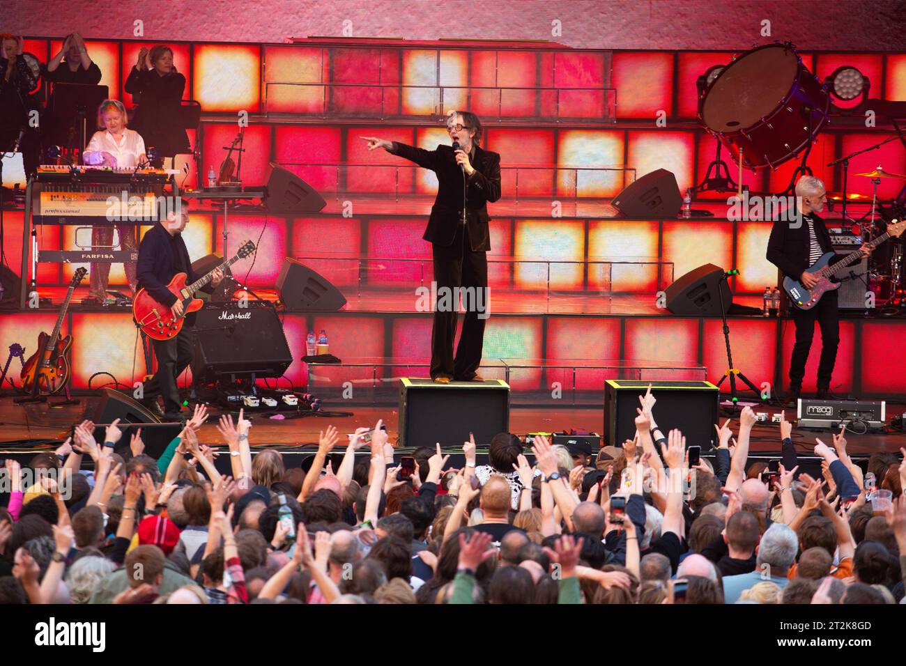 Lead singer Jarvis Cocker performing with Pulp at the Castlefield Bowl in Manchester. It is Pulp ...