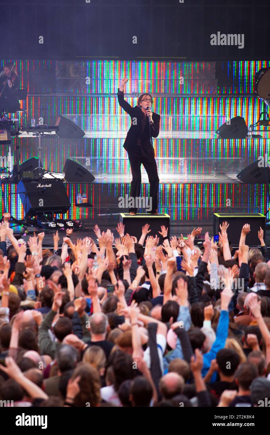 Lead singer Jarvis Cocker performing with Pulp at the Castlefield Bowl ...