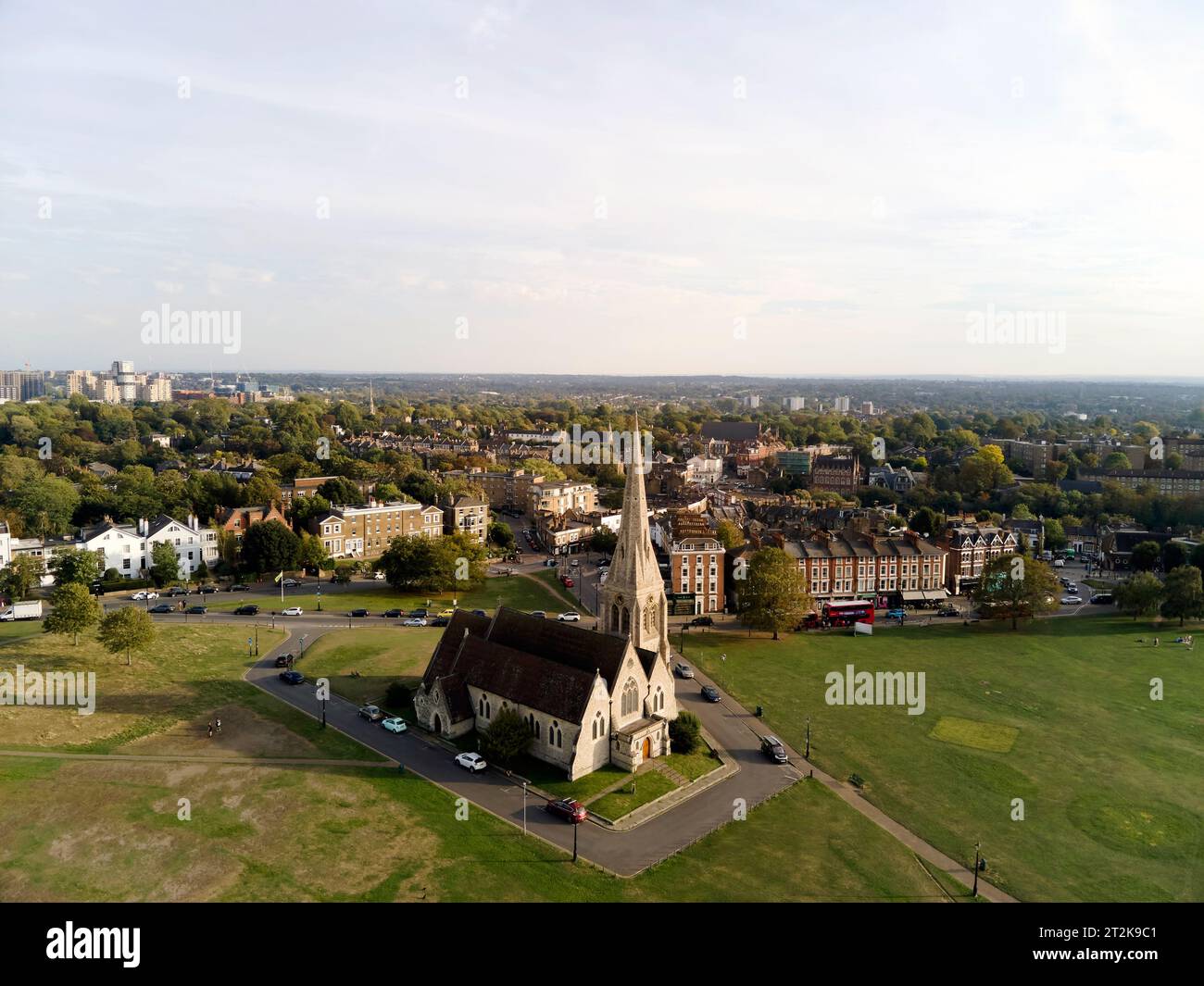 Aerial view of All Saints Church, Blackheath Village, London England ...