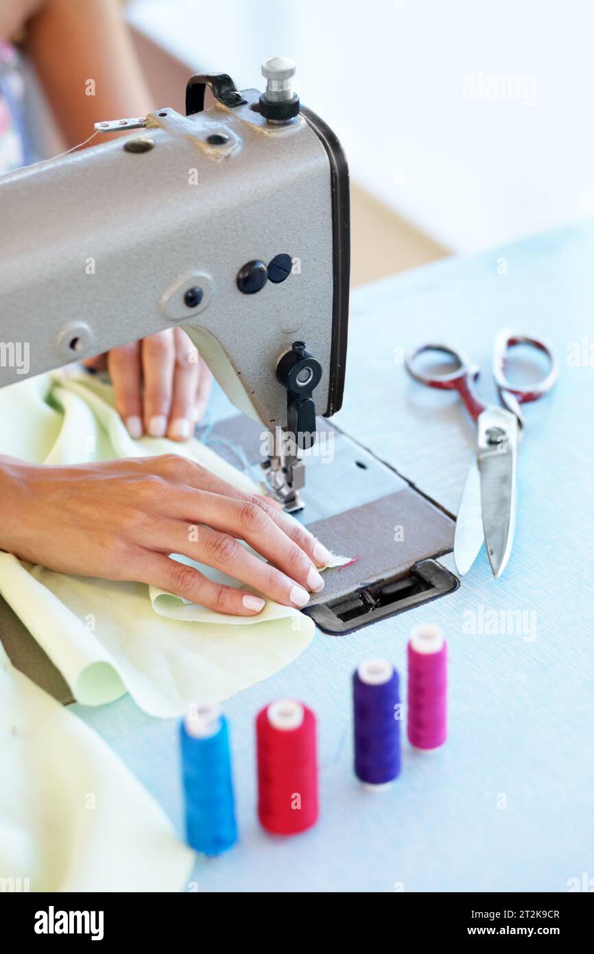 Sewing machine, clothes and hands for tailor service, fashion designer ...