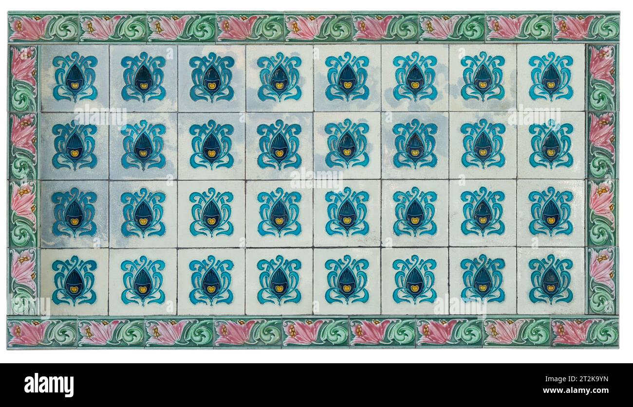 Rows of antique Nyonya Tiles with blue flowers. Vintage wall tile in ...