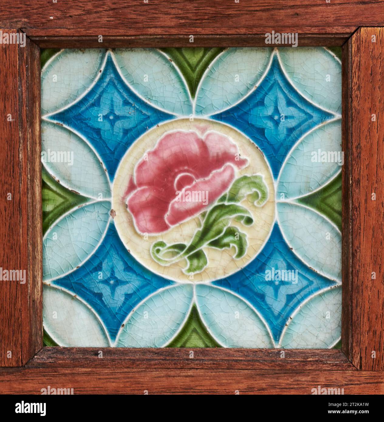 Nyonya tile in wooden frame. Traditional Peranakan cultural in Penang ...