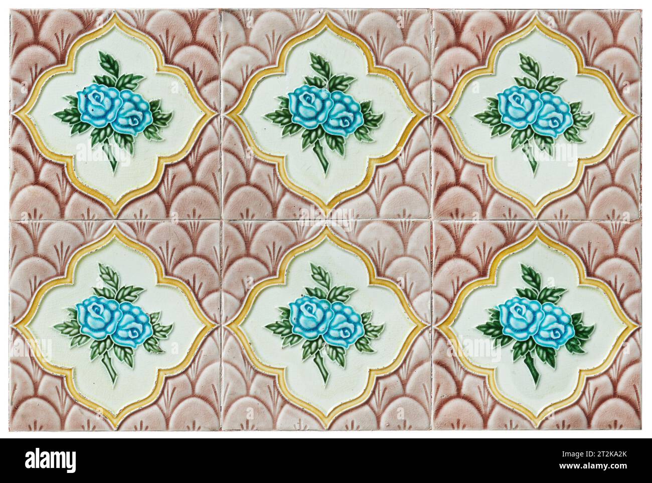 Rows of antique Nyonya Tiles with blue roses with brown background ...
