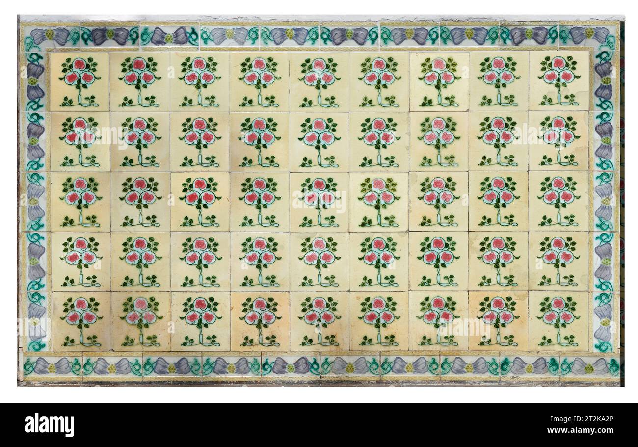 Rows of antique Nyonya Tiles with red roses on yellow base. Traditional ...