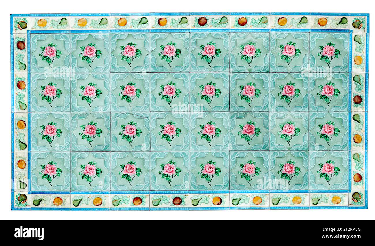 Rows of antique Nyonya Tiles with pink roses with green background ...