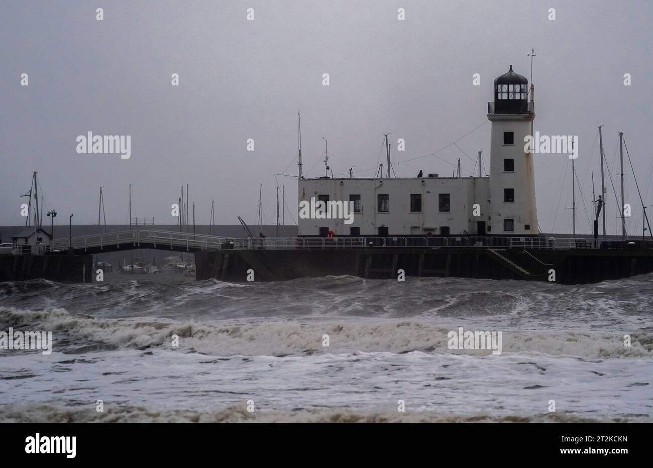 Scarborough Lighthouse, as Storm Babet batters the country. Flood ...