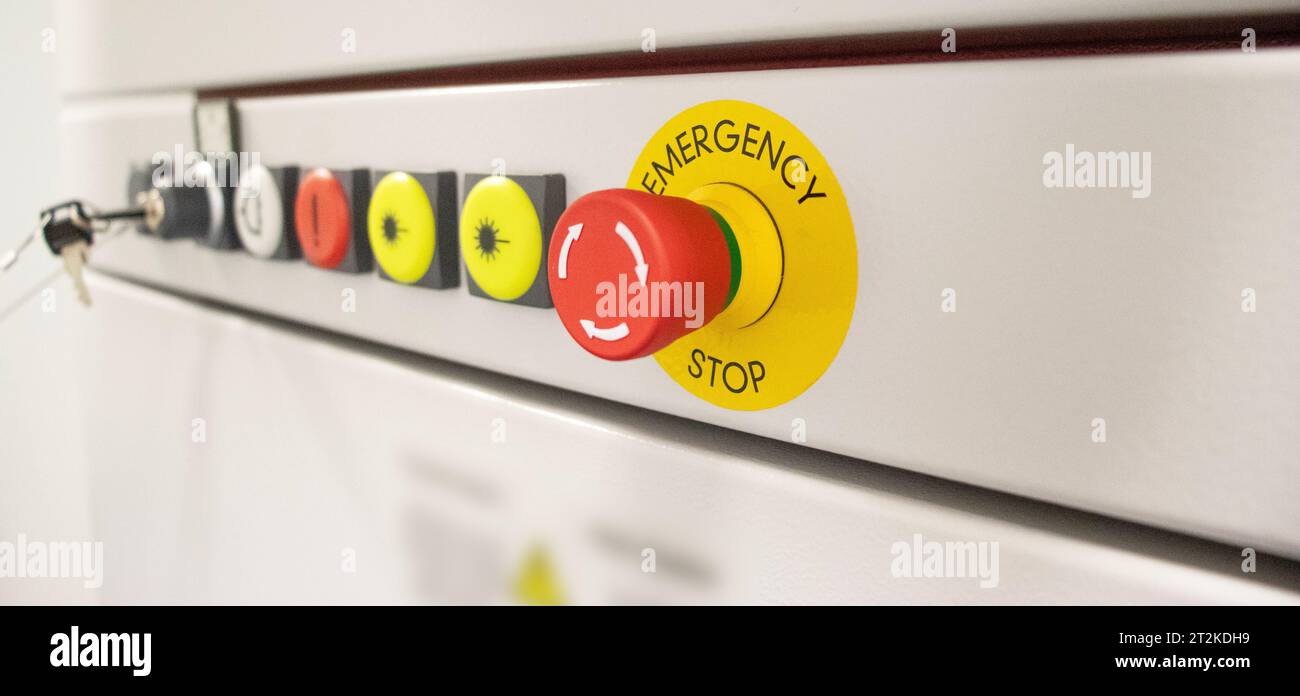 E-Stop button, Emergency button, Stop button Stock Photo - Alamy